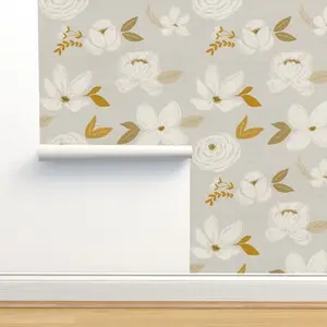 Spoonflower Soft White Mustard Florals Large Fall Tan Neutral 100% Natural Sisal Grasscloth Wallcovering