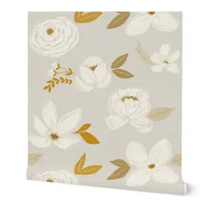 Spoonflower Soft White Mustard Florals Large Fall Tan Neutral 100% Natural Sisal Grasscloth Wallcovering