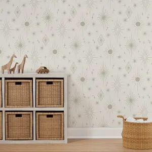 Spoonflower Star Space Retro Neutral 60s Whimsical Custom Pre-pasted Wallpaper