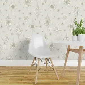 Spoonflower Star Space Retro Neutral 60s Whimsical Custom Pre-pasted Wallpaper