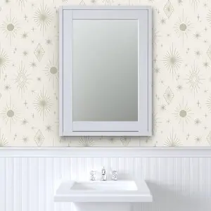 Spoonflower Star Space Retro Neutral 60s Whimsical Custom Pre-pasted Wallpaper - Beige