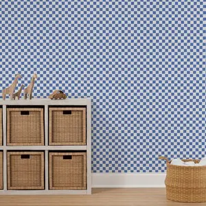 Spoonflower Geometric Hand-drawn Stamp Checkered Checks Custom Pre-pasted Wallpaper - Blue