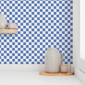 Spoonflower Geometric Hand-drawn Stamp Checkered Checks Custom Pre-pasted Wallpaper - Blue