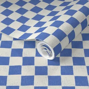 Spoonflower Geometric Hand-drawn Stamp Checkered Checks Custom Pre-pasted Wallpaper - Blue