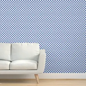 Spoonflower Geometric Hand-drawn Stamp Checkered Checks Custom Pre-pasted Wallpaper - Blue