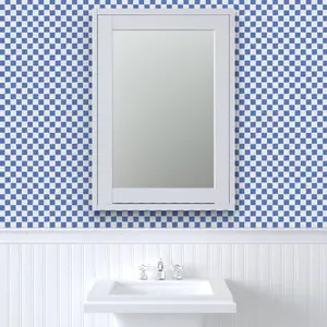 Spoonflower Geometric Hand-drawn Stamp Checkered Checks Custom Pre-pasted Wallpaper - Blue