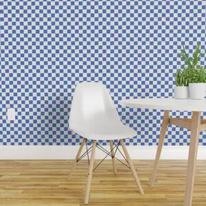 Spoonflower Geometric Hand-drawn Stamp Checkered Checks Custom Pre-pasted Wallpaper - Blue