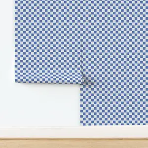 Spoonflower Geometric Hand-drawn Stamp Checkered Checks Custom Pre-pasted Wallpaper - Blue