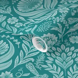 Spoonflower Floral Victorian Whimsical Dragonflies Art Custom Pre-pasted Wallpaper - Teal