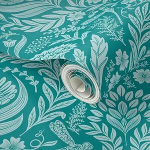 Spoonflower Floral Victorian Whimsical Dragonflies Art Custom Pre-pasted Wallpaper - Teal