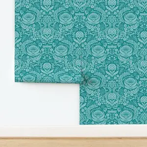 Spoonflower Floral Victorian Whimsical Dragonflies Art Custom Pre-pasted Wallpaper - Teal