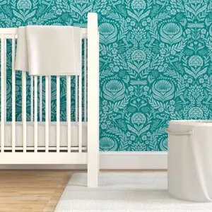 Spoonflower Floral Victorian Whimsical Dragonflies Art Custom Pre-pasted Wallpaper - Teal