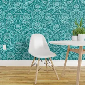 Spoonflower Floral Victorian Whimsical Dragonflies Art Custom Pre-pasted Wallpaper - Teal