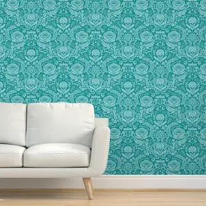 Spoonflower Floral Victorian Whimsical Dragonflies Art Custom Pre-pasted Wallpaper - Teal