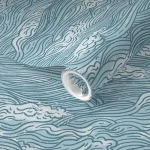 Spoonflower Water Hand Drawn Sea Nautical Ocean Beach Custom Pre-pasted Wallpaper - Blue