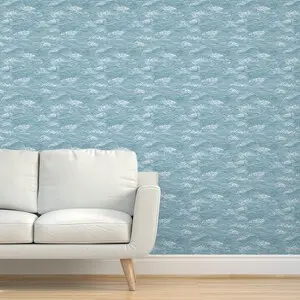 Spoonflower Water Hand Drawn Sea Nautical Ocean Beach Custom Pre-pasted Wallpaper - Blue