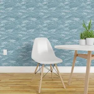Spoonflower Water Hand Drawn Sea Nautical Ocean Beach Custom Pre-pasted Wallpaper - Blue