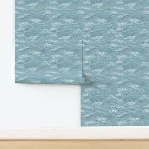 Spoonflower Water Hand Drawn Sea Nautical Ocean Beach Custom Pre-pasted Wallpaper - Blue
