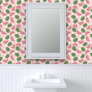 Spoonflower Fruit Summer Daisy Watermelons Garden Picnic Custom Pre-pasted Wallpaper - Pink