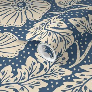 Spoonflower Vintage Floral Blue Botanical Garden Bloom Meadow Custom Pre-pasted Wallpaper Blue