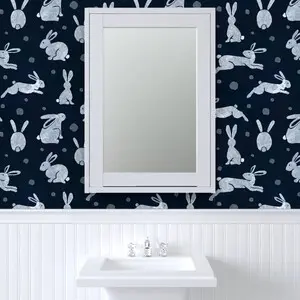 Spoonflower Indigo Rabbits Dark Bunny Snow Hare Winter Custom Pre-pasted Wallpaper