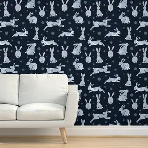 Spoonflower Indigo Rabbits Dark Bunny Snow Hare Winter Custom Pre-pasted Wallpaper