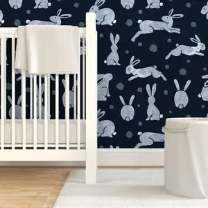 Spoonflower Indigo Rabbits Dark Bunny Snow Hare Winter Custom Pre-pasted Wallpaper