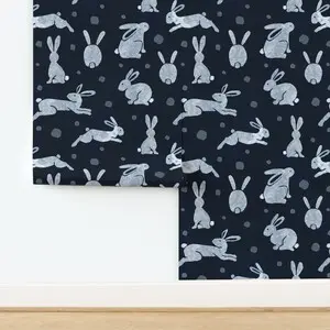 Spoonflower Indigo Rabbits Dark Bunny Snow Hare Winter Custom Pre-pasted Wallpaper