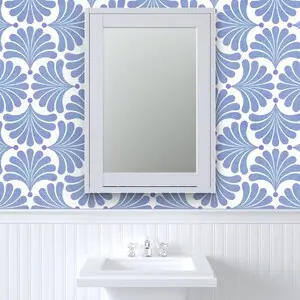 Spoonflower Geometric Floral Periwinkle Minimalist Custom Pre-pasted Wallpaper - Blue