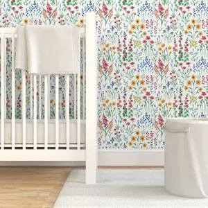 Spoonflower Delicate Floral Botanical Garden Bloom Custom Pre-pasted Wallpaper