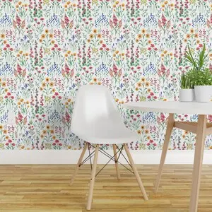 Spoonflower Delicate Floral Botanical Garden Bloom Custom Pre-pasted Wallpaper