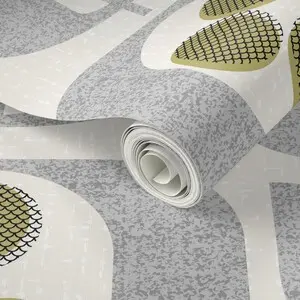 Spoonflower Mid Century Flowers Retro Green Atomic Era Custom Pre-pasted Wallpaper - Gray