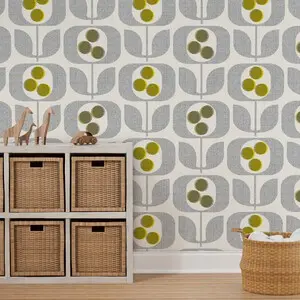 Spoonflower Mid Century Flowers Retro Green Atomic Era Custom Pre-pasted Wallpaper
