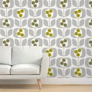 Spoonflower Mid Century Flowers Retro Green Atomic Era Custom Pre-pasted Wallpaper - Gray