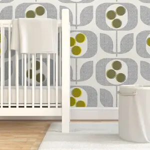 Spoonflower Mid Century Flowers Retro Green Atomic Era Custom Pre-pasted Wallpaper - Gray