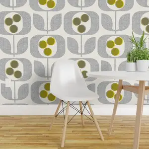 Spoonflower Mid Century Flowers Retro Green Atomic Era Custom Pre-pasted Wallpaper - Gray