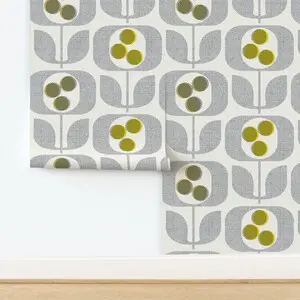 Spoonflower Mid Century Flowers Retro Green Atomic Era Custom Pre-pasted Wallpaper - Gray