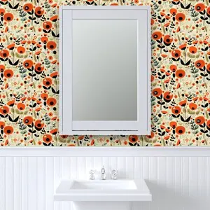 Spoonflower Mid Century Floral Retro Atomic Botanical Custom Pre-pasted Wallpaper