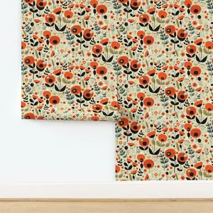 Spoonflower Mid Century Floral Retro Atomic Botanical Custom Pre-pasted Wallpaper - Orange