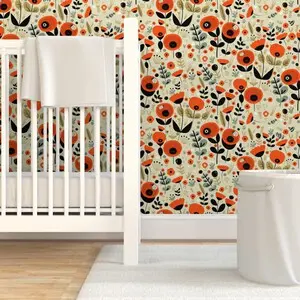 Spoonflower Mid Century Floral Retro Atomic Botanical Custom Pre-pasted Wallpaper - Orange