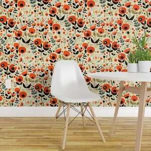Spoonflower Mid Century Floral Retro Atomic Botanical Custom Pre-pasted Wallpaper - Orange