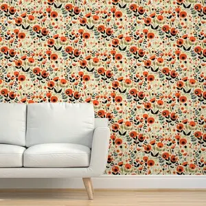 Spoonflower Mid Century Floral Retro Atomic Botanical Custom Pre-pasted Wallpaper - Orange