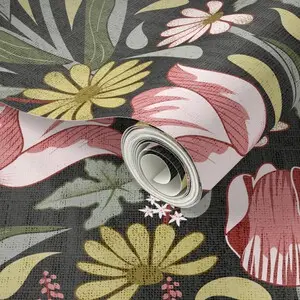 Spoonflower Pink Tulip Daisy Botanical Dusky Rose Yellow Custom Pre-pasted Wallpaper - Sage