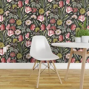 Spoonflower Pink Tulip Daisy Botanical Dusky Rose Yellow Custom Pre-pasted Wallpaper - Sage
