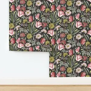 Spoonflower Pink Tulip Daisy Botanical Dusky Rose Yellow Custom Pre-pasted Wallpaper - Sage