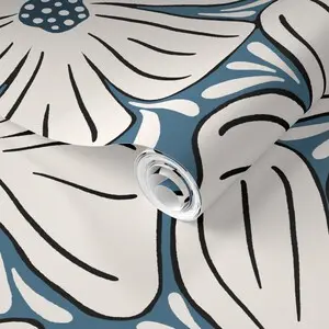 Spoonflower Modern Floral Blue Botanical Garden Bloom Meadow Custom Pre-pasted Wallpaper - White,blue