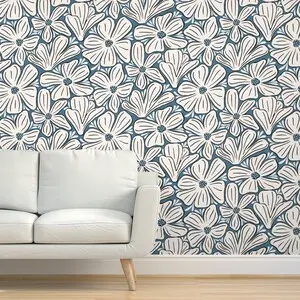 Spoonflower Modern Floral Blue Botanical Garden Bloom Meadow Custom Pre-pasted Wallpaper - White,blue
