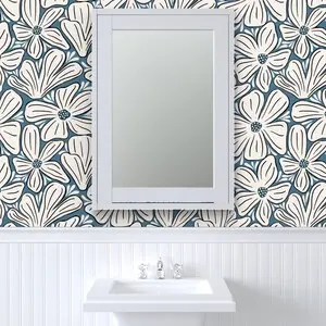 Spoonflower Modern Floral Blue Botanical Garden Bloom Meadow Custom Pre-pasted Wallpaper - White,blue