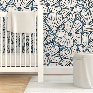 Spoonflower Modern Floral Blue Botanical Garden Bloom Meadow Custom Pre-pasted Wallpaper - White,blue