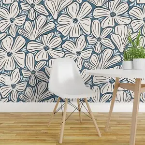 Spoonflower Modern Floral Blue Botanical Garden Bloom Meadow Custom Pre-pasted Wallpaper - White,blue